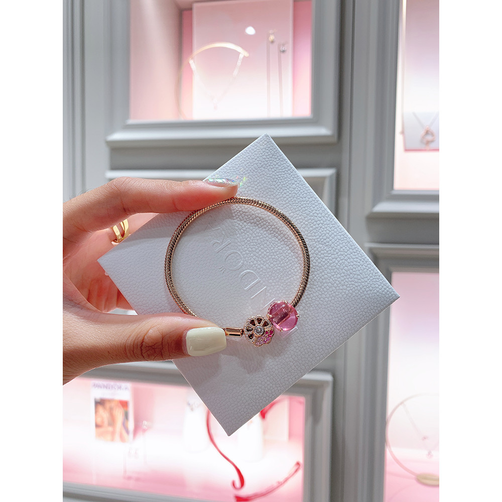 Pandora pink oval curved gemstone beaded string with loose beads, DIY ...