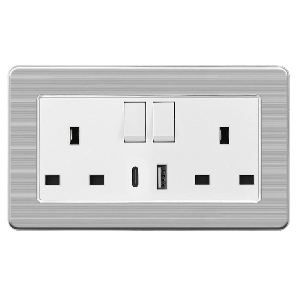 VISWE wall socket 3 pin socket 13a socket 250V double socket usb c socket,146*86mm Stainless ...