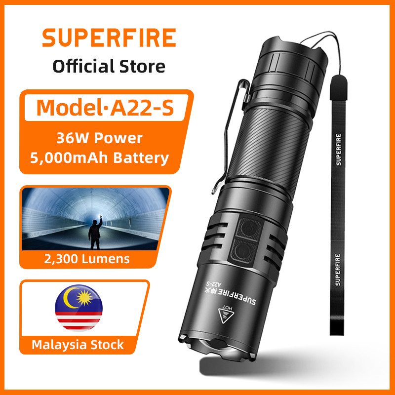 SUPERFIRE A22-S 36W LED Flashlight EDC Portable Zoomable Torch Ultra Powerful Rechargeable ...