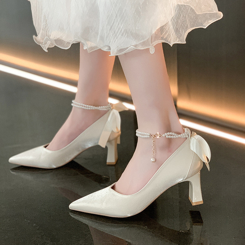 New Style Gentle Pearl Cloth High Heels French Spring Ribbon Pointed ...