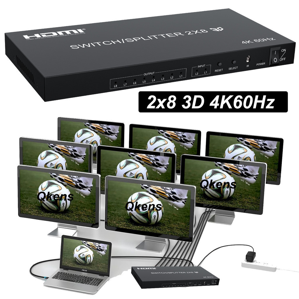 4K 60hz 2x8 3D HDMI Switch Splitter 2 in 8 Out Video Converter Switcher ...