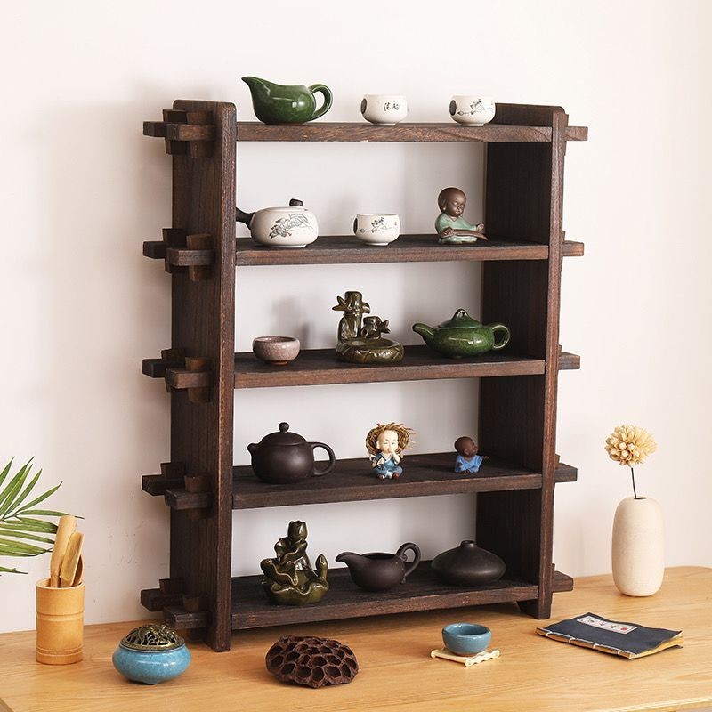 Japanese Tea Solid Wood Small Antique Shelf Retro Multi-Layer Storage ...