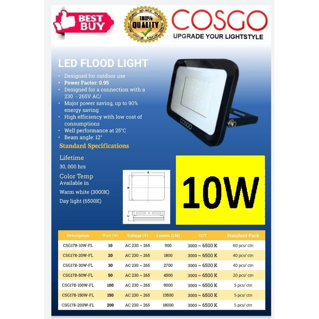 COSGO 10W LED FLOOD LIGHT (3000k/6500k) | Shopee Malaysia