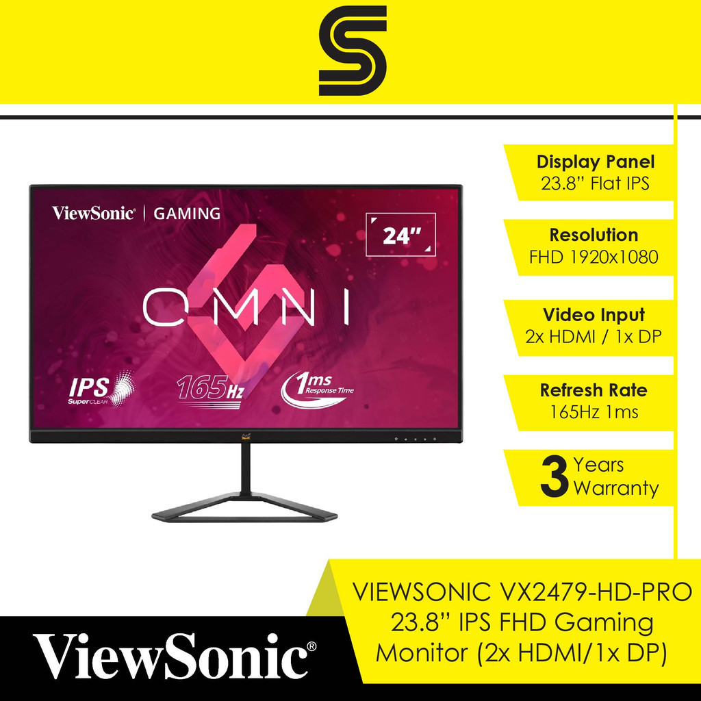 VIEWSONIC VX2479-HD-PRO 23.8" IPS FHD Gaming Monitor (165Hz/1ms/2x HDMI ...