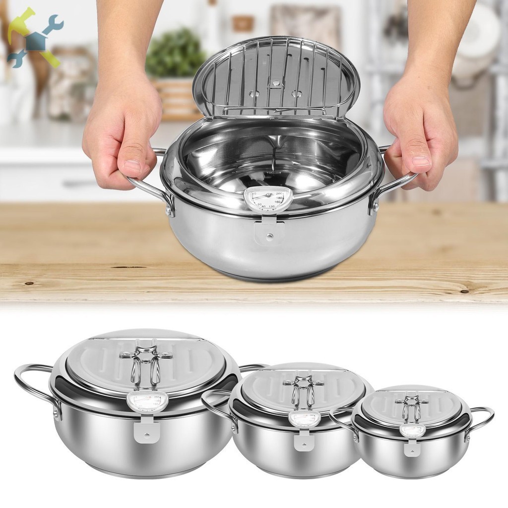 Deep Fryer Pot with Strainer Basket and Thermometer Stainless Steel ...