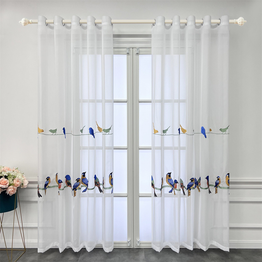 Farmhouse Embroidery Birds Sheer Curtain Light Filtering for Living ...