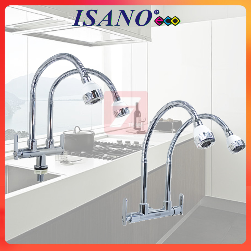 ISANO ECO Twin Swan Neck Pillar Tap for Kitchen l Wall Tap l Basin Tap ...