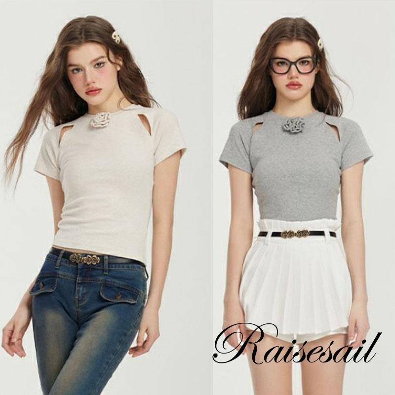 Rsa-Women Cut Out T-Shirt Slim 3D Flower Round Neck Short Sleeve Tops ...