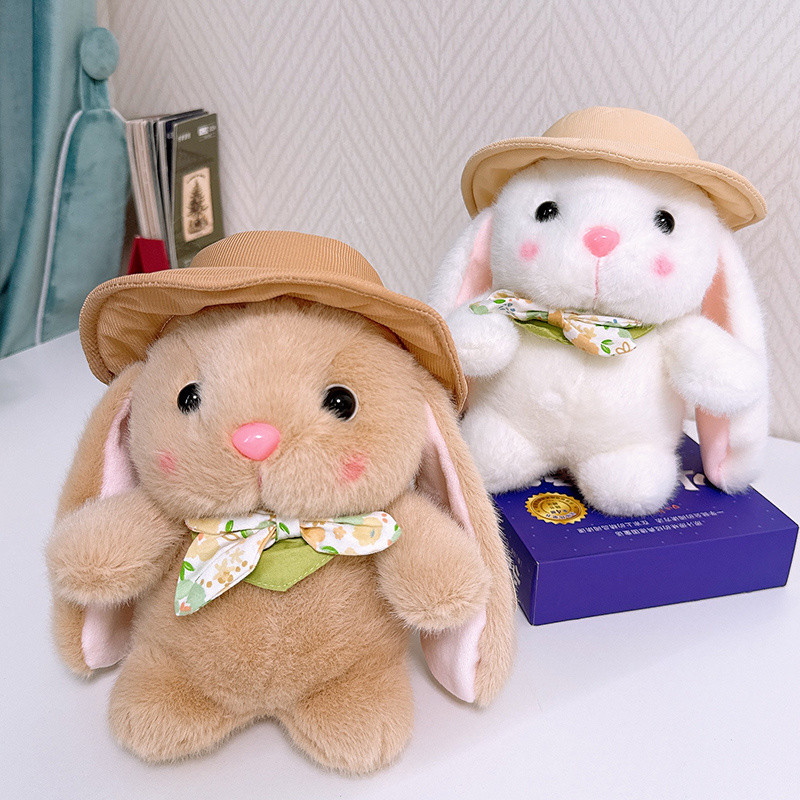 New Cute Pudding Long-Eared Rabbit Plush Toy Wearing Straw Hat Bow Tie ...