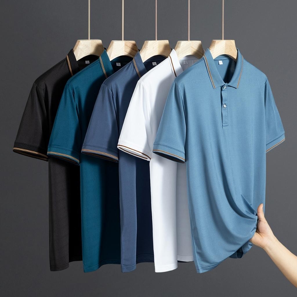 POLO Shirt Men Summer Oversized Ice Silk Quick Drying Plain Color Lapel ...