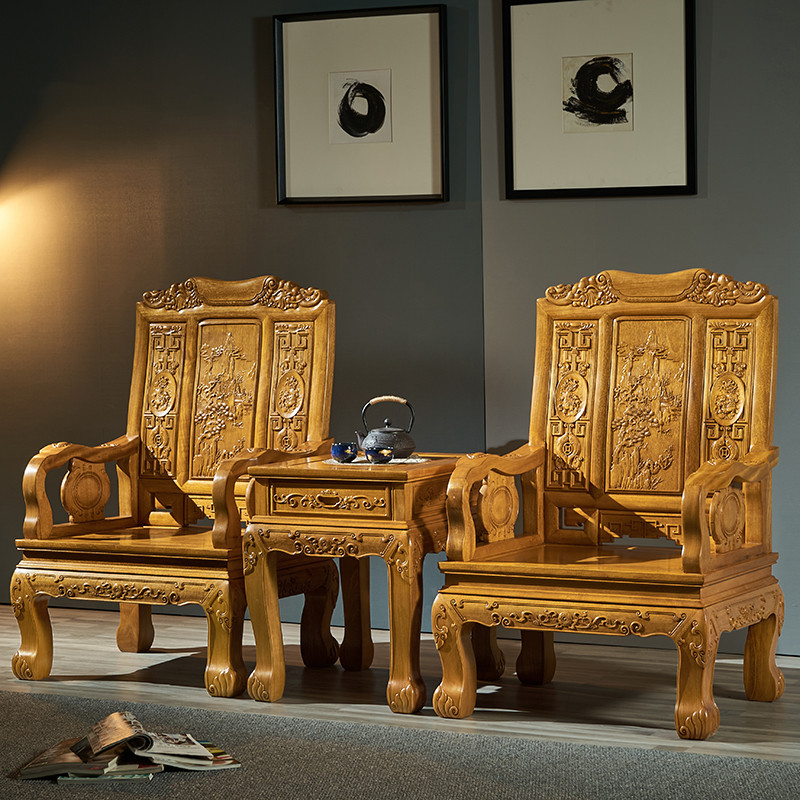 Set Kerusi Sofa Nanmu Sutera Emas Meja Kopi Kayu Asli Ukiran Kayu Pejal ...