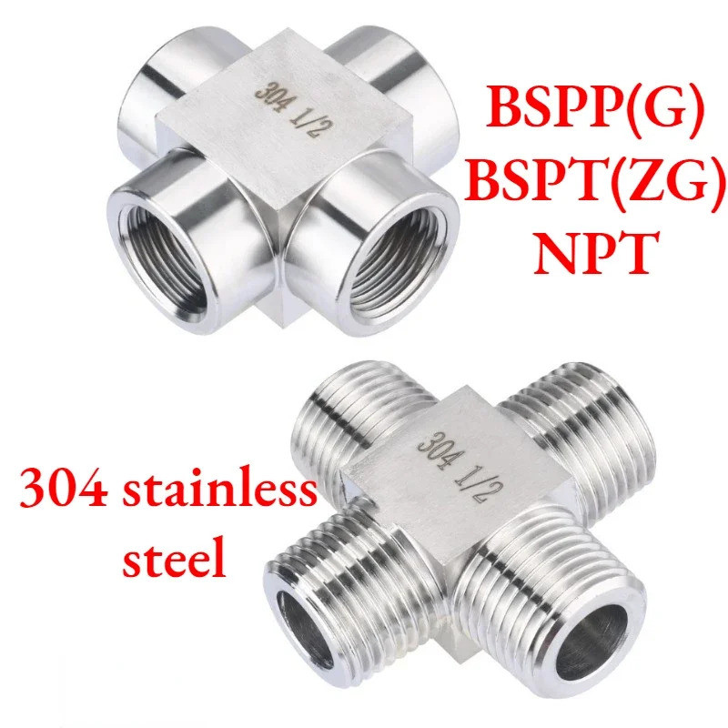 NPT BSP 1/8" 1/4" 3/8" 1/2" 3/4" 1" M14 M20 4-Way Cross Stainless Steel ...