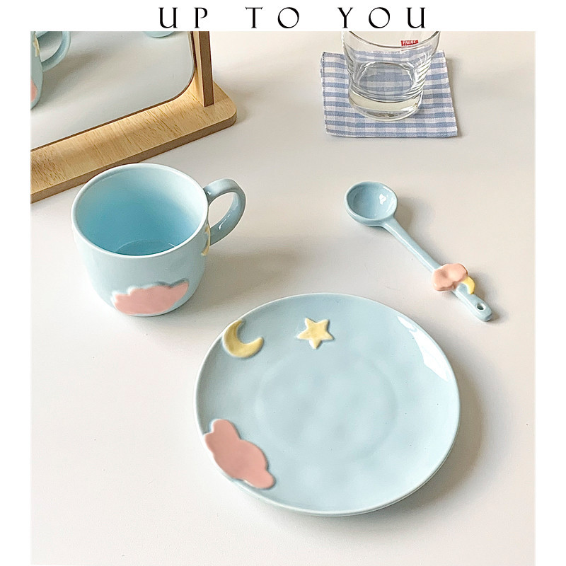 Blue Painted with Stars Handmade and Moon Cup Saucer Afternoon Tea Cup ...