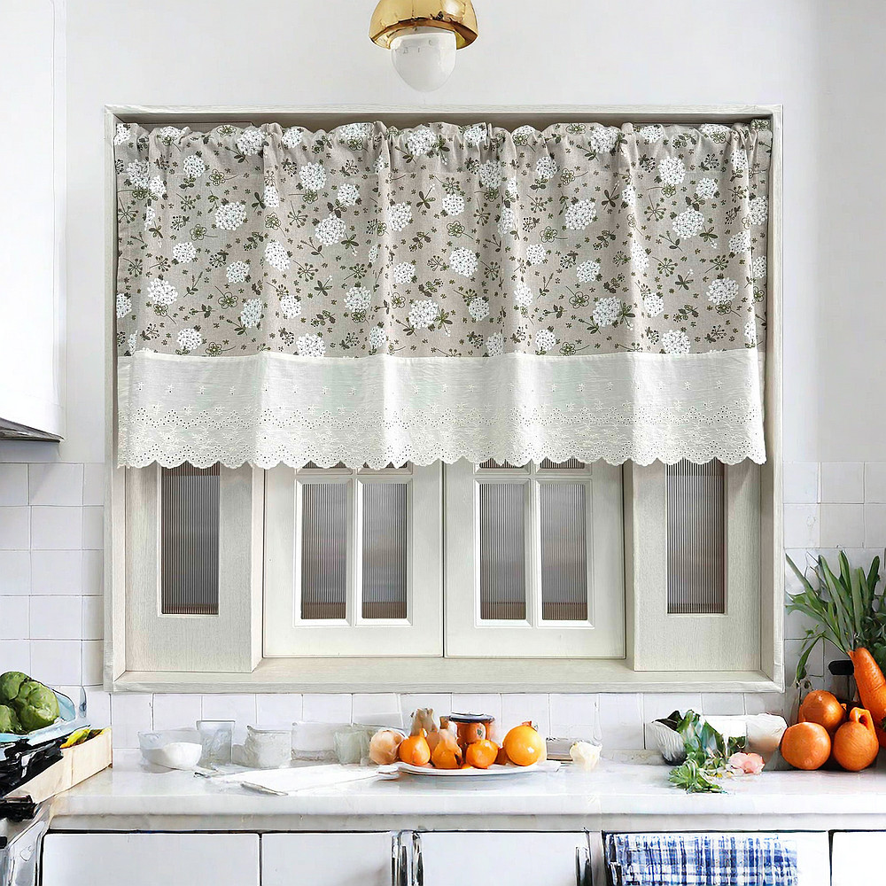 Rustic Green Leaves Flower Short Curtain Topper with Ruffles for Cafe ...