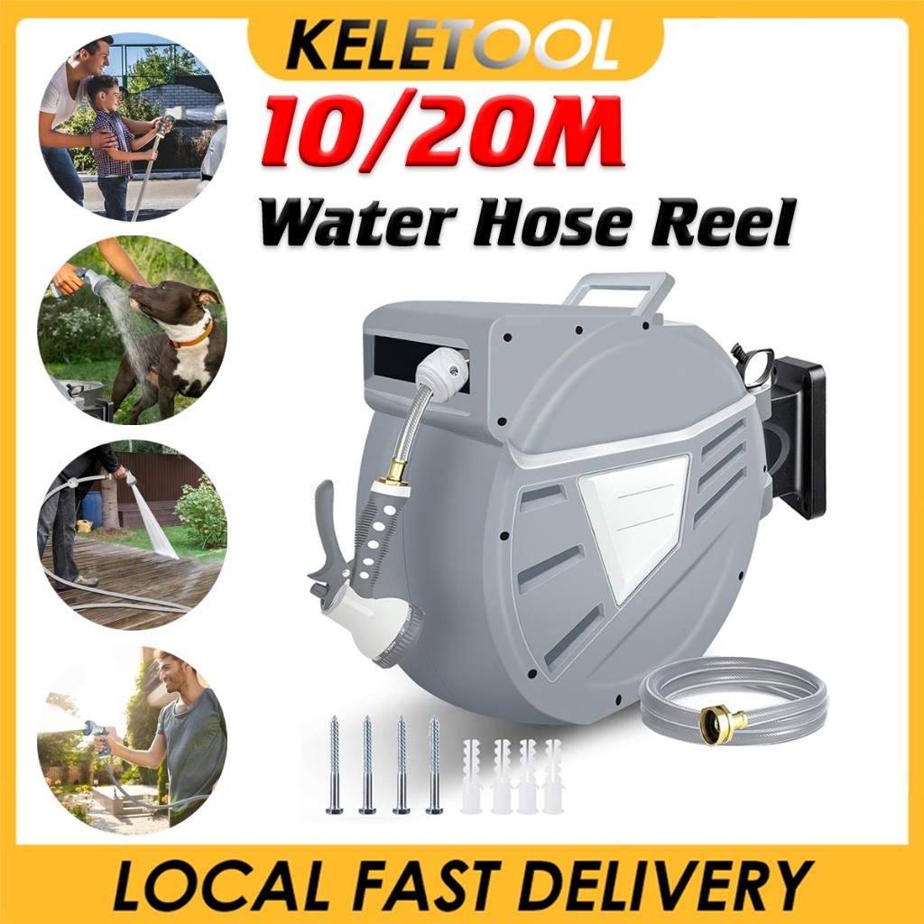 10m & 20m AUTO Rewind Retractable Water Pipe Garden Air Rumah Automatic ...