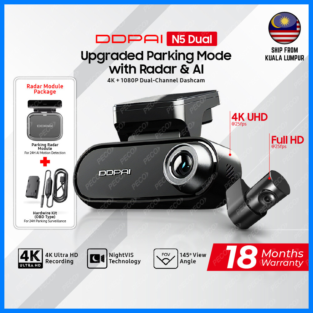 Dashcam DDPAI N5 Dual 4K + 1080P Dual-Channel Dashcam Al Base Radar ...