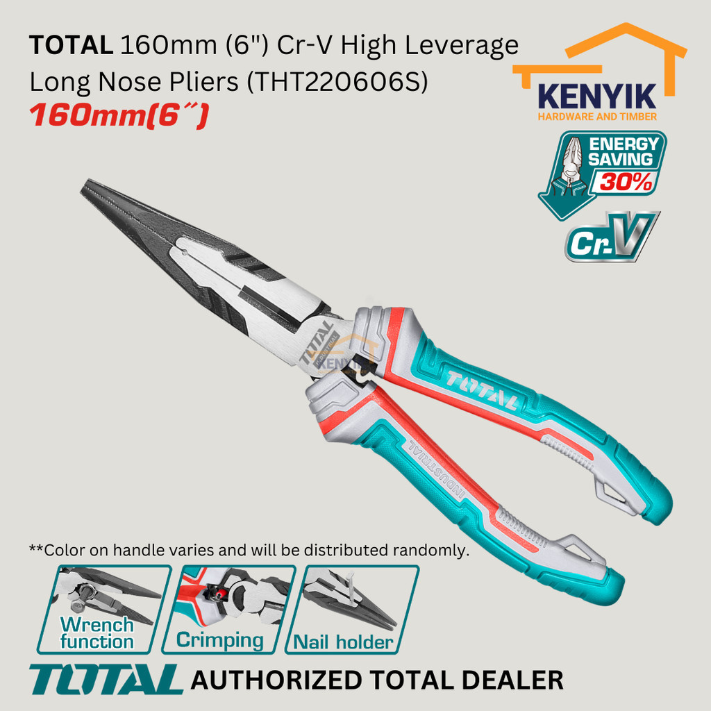TOTAL 160mm (6") Cr-V High Leverage Long Nose Pliers (THT220606S ...