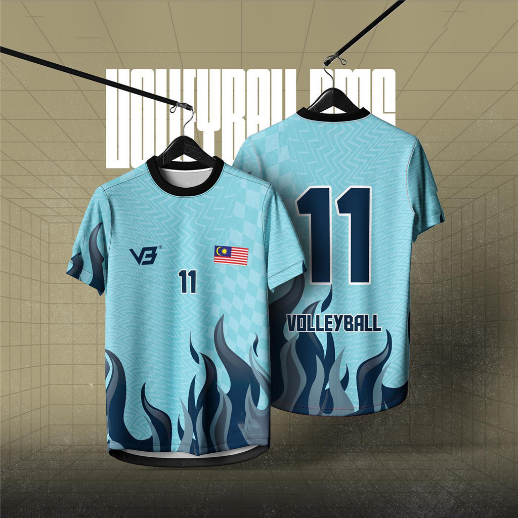 Trendy sublimation blue flame volleyball suit customized name and ...