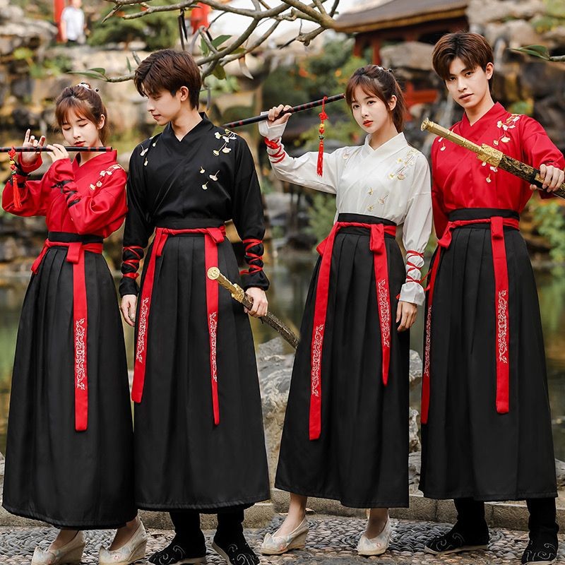 Hanfu Couple Embroidered Cross Collar Men Women Wei Jin Style Red Black ...