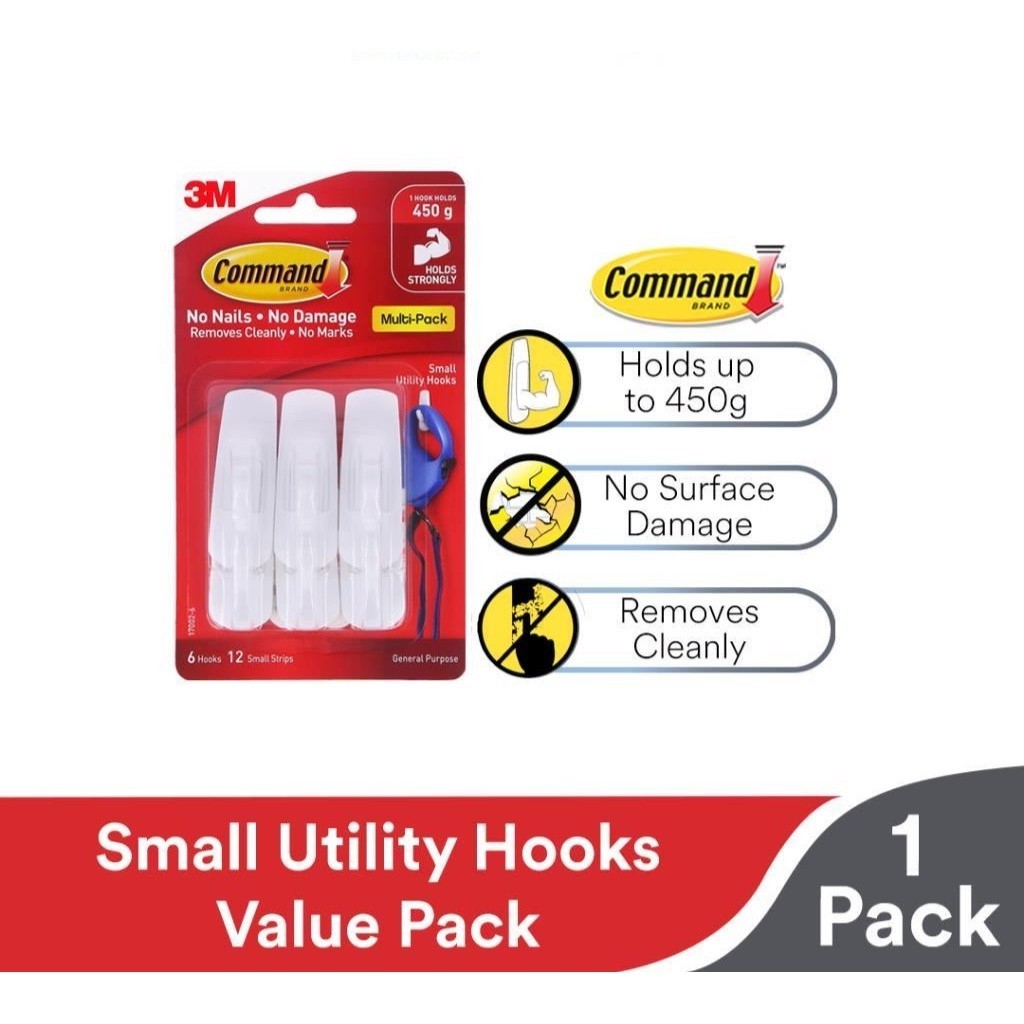 3M Command 17002-6 Wall Mounted Small Utility Hooks - Damage Free Removable (Holds up to 450g ...