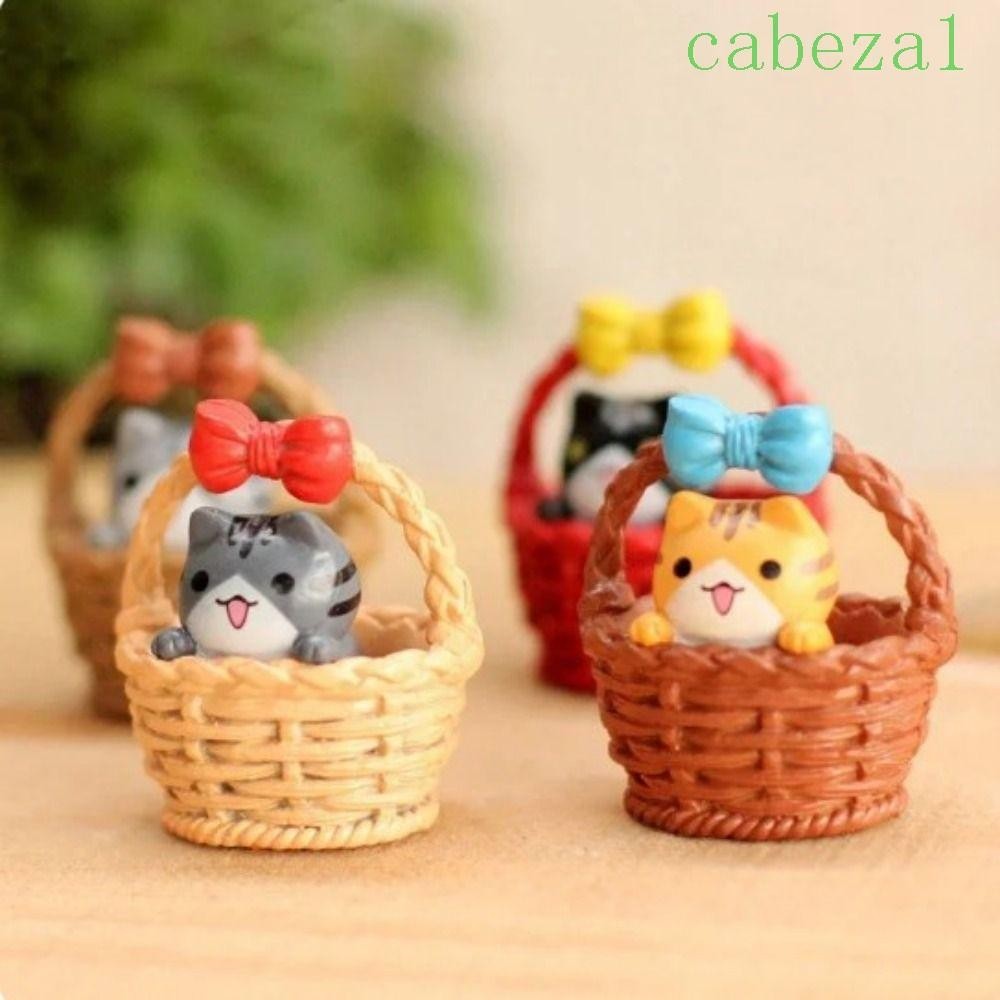 CABEZA Cat Miniatures, Hand-made With Bow Basket Cartoon Cat Figurines ...