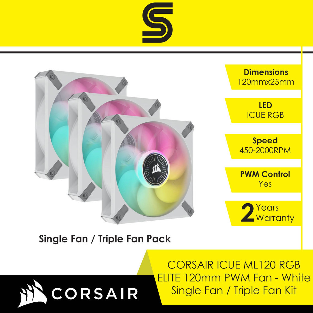 CORSAIR ML120 RGB ELITE 120mm PWM Magnetic Levitation Fan White ...