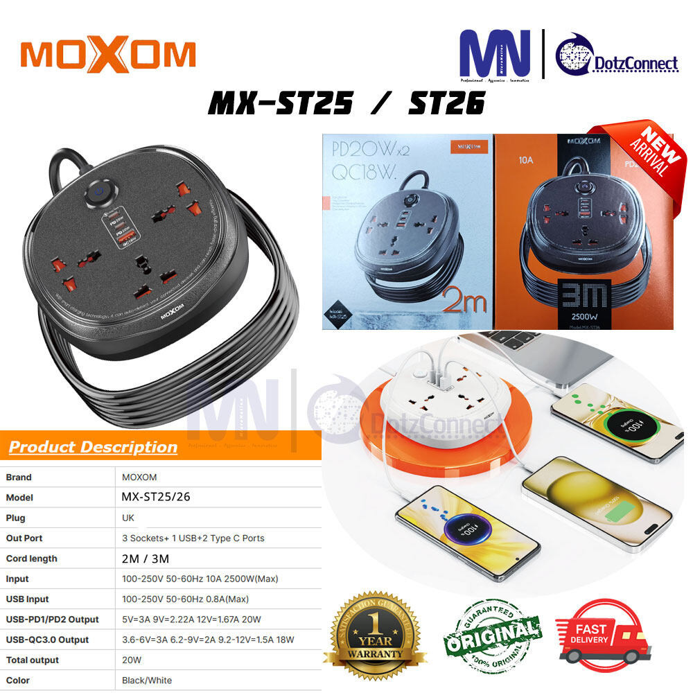 Moxom MX-ST25 2M / MX-ST26 3M Disc PD20W/QC18W 6in1 UK Plug with 3 Outlets 2 PD 1 QC 2500W Max ...