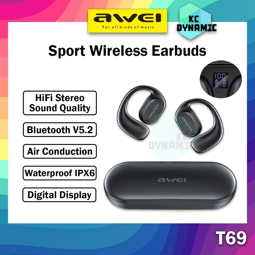 Awei T69 Wireless Earbuds Air Conduction Sport Headset Ear Hook ...