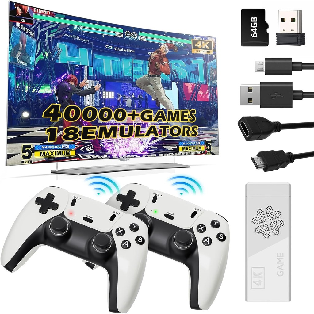 Upgraded Wireless Retro Game Stick – 40K+ Games, 9 Emulators, 4K HDMI, Dual 2.4G Controllers ...