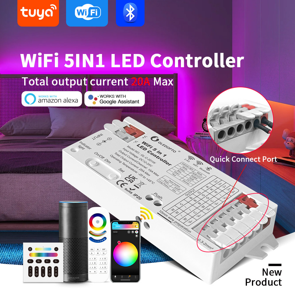 GLEDOPTO WiFi Bluetooth 5 in 1 LED Strip Controller 20A RGBCCT RGBW RGB CCT WWCW Dimmer Tuya ...