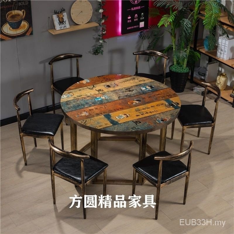 Commercial Large Round Table Hot Pot Table Solid Wood Iron Table Chair ...