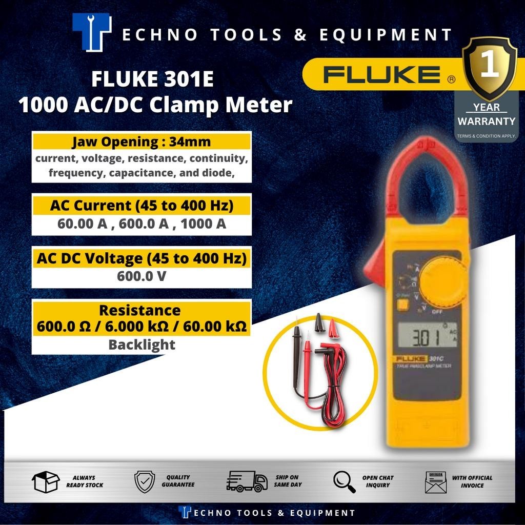 FLUKE 301E 1000A AC/DC Clamp Meter, resistance & continuity, voltage ...