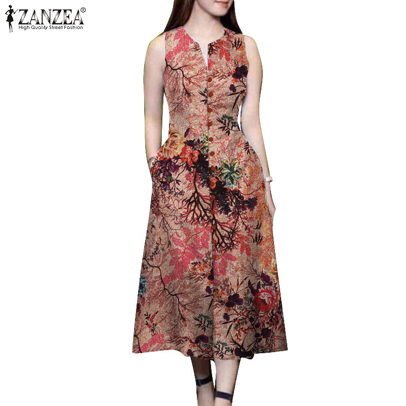 ZANZEA Women Korean Retro V Neck Graphic Printed Sleeveless Midi ...
