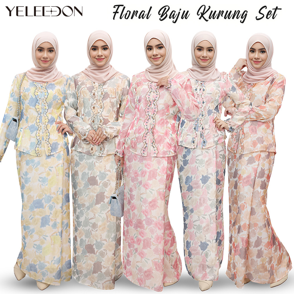 YELEEDON Kebaya Floral Kurung Moden Baju Raya Haji 2026 Sulam Satin ...