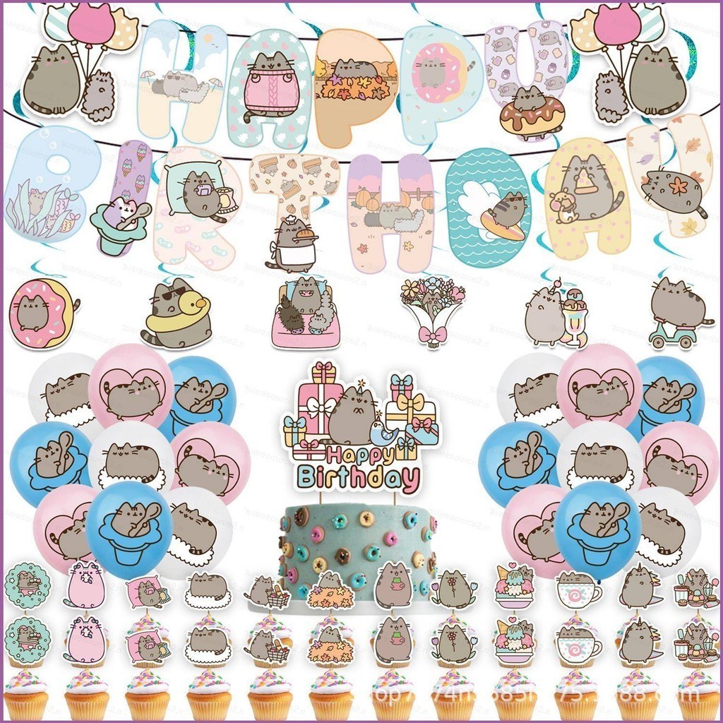 SQ2 Pusheen cat theme kids birthday party decorations banner cake ...