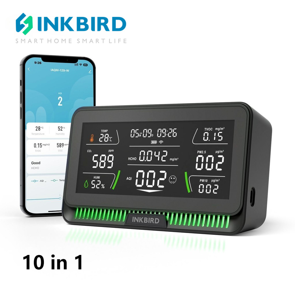 INKBIRD IAQM-129-W Air Quality Meter WiFi 10-in-1 CO2 Temperature ...