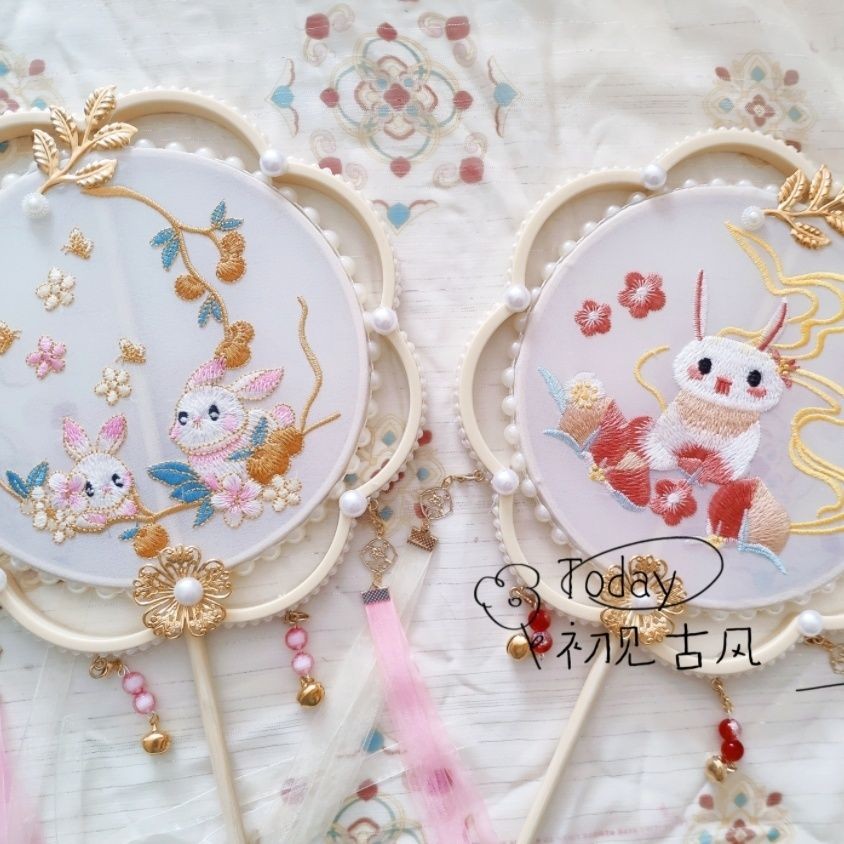 Bamboo material Antique embroidery round fan Hanfu dance palace fan ...