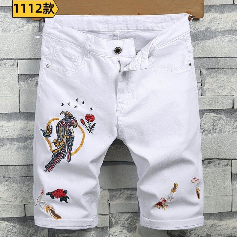 White Embroidered Denim Middle Pants Men's Denim Shorts Men's Five ...