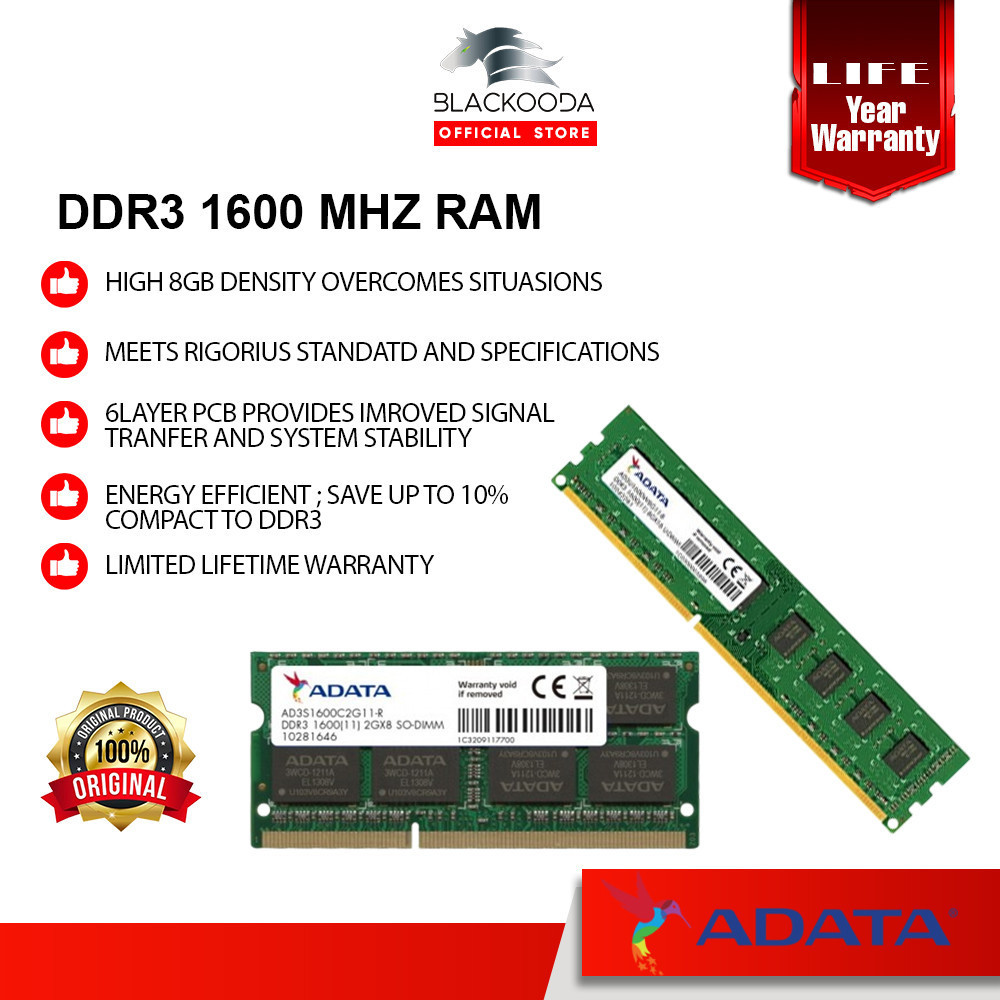 ADATA RAM DDR3/SO-DDR3 1600MHZ U-DIMM/SODIMM Laptop/ DDR3 (8GB ...