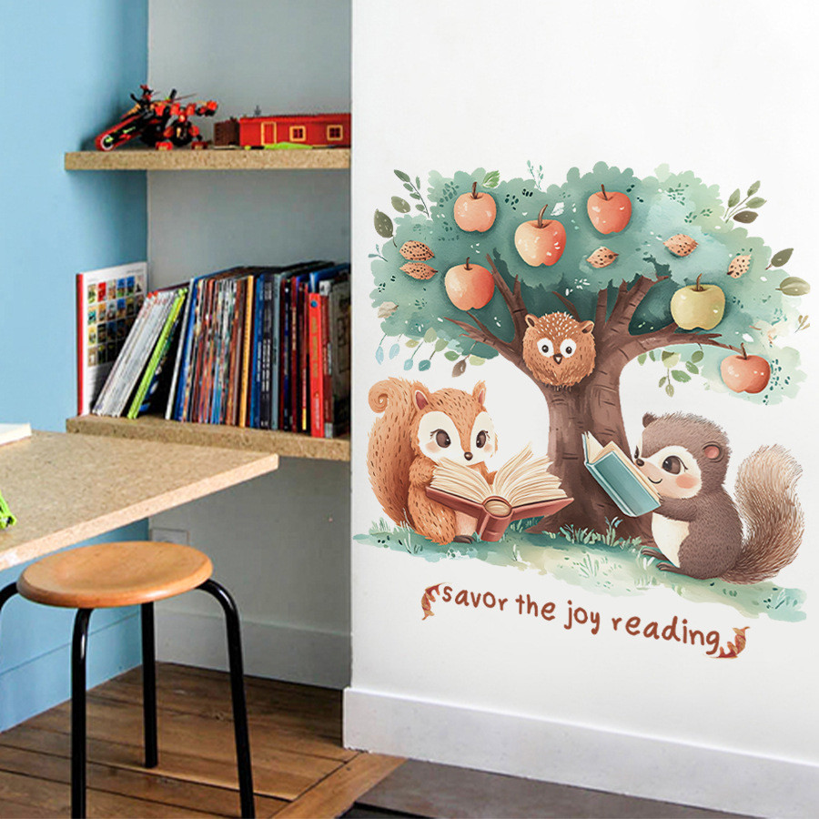 Cartoon Under the Apple Tree Reading Book Squirrel Wall Stickers ...