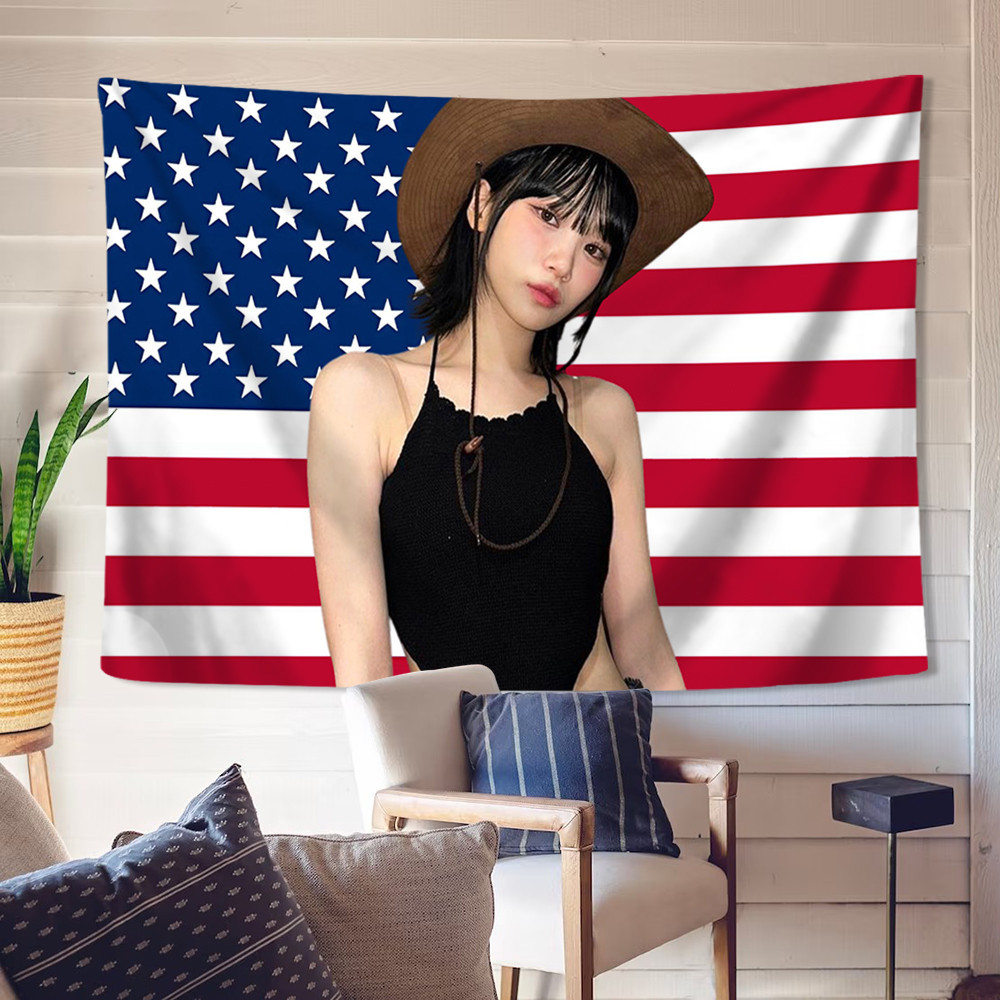 LE SSERAFIM Cowboy Chaewon American Flag Wall Tapestry with Clips Polyester Tapestries Bedroom ...