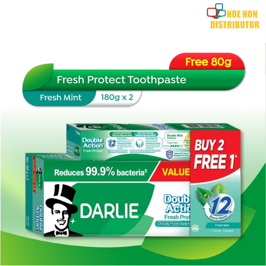 Darlie Double Action Fresh Protect Fresh Mint Toothpaste 180g x 2pc Free 80g x 1pc Value Pack ...