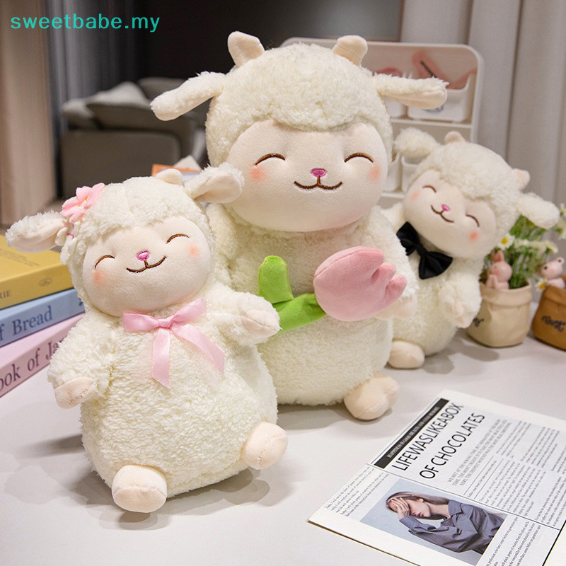 SWEETBABE 25CM Cute Lamb Hold Tulip Flower Pillow Plush Doll Toy Hugging Flower Lamb Bow Tie ...