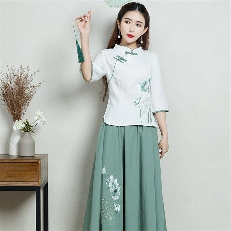 Chinese Improved Hanfu Cheongsam Dress Tang Literary Retro Two-Piece ...