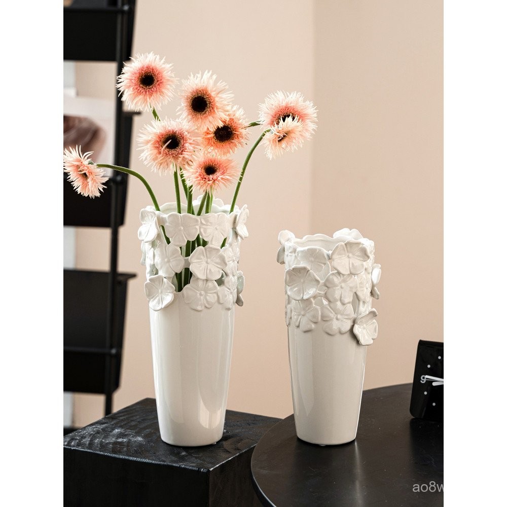 Gaya Perancis Cahaya Mewah Putih Krim Relief Bunga Pasu Seramik Besar ...