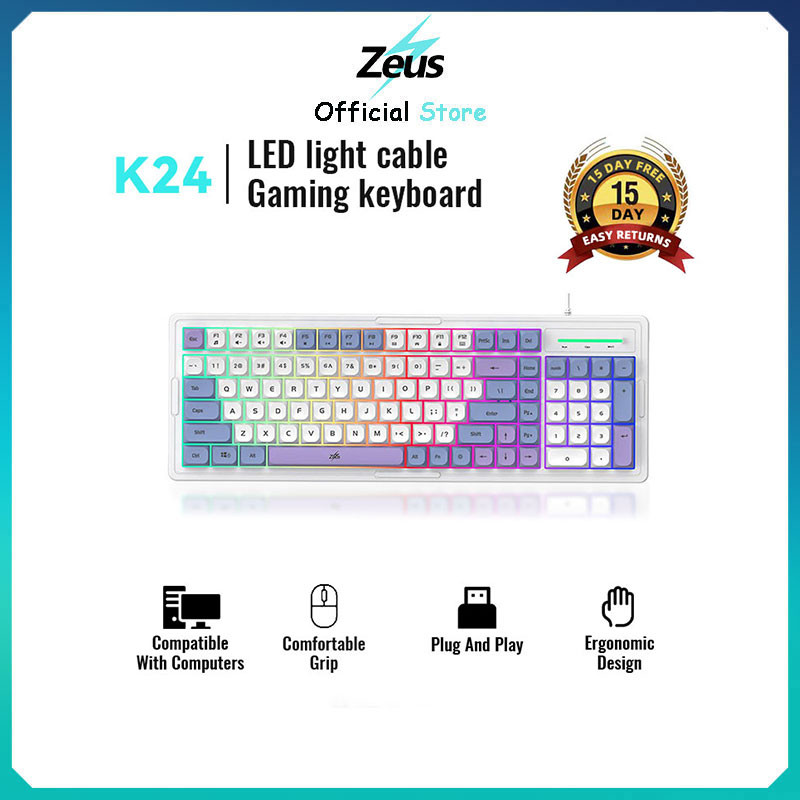 Zeus 96% K-24 Gaming Keyboard Rainbow Backlit 98 Keys Compact USB Wired ...