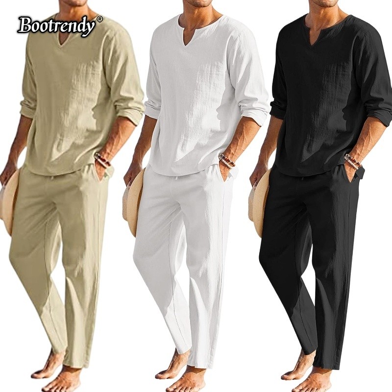 Men's 2 Pieces Cotton Linen Set Henley Shirt Long Sleeve and Casual ...