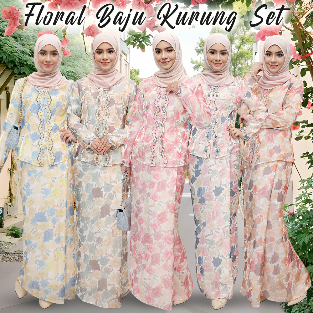 Floral Sulam Baju Kurung Moden Shiny Cotton Muslim Set Front Button ...