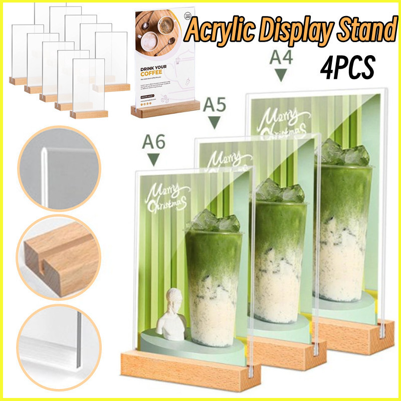Acrylic T-Shape Display Stand A4/A5/A6 Wooden Base Advertising Display ...