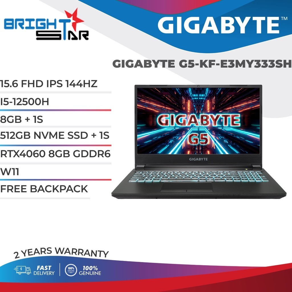 GIGABYTE G5-KF-E3MY333SH (15.6 FHD IPS 144HZ / I5-12500H / 8GB + 1S / 512GB SSD + 1S / RTX4060 ...